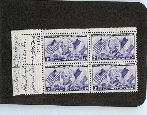 US AUTOGRAPHED PLATE BLOCK SCOTT#1010,MARQUID DE LAFAYETTE 3 SIGNATURES ...