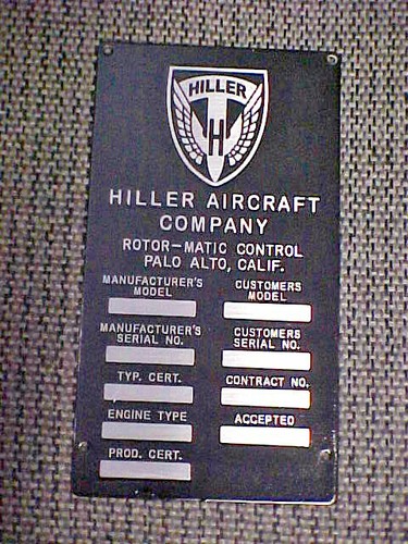 Hiller Helicopter Aircraft Data Plate 4 Vintage Rotorcraft Restoration ...