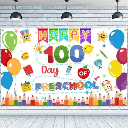 Happy 100th Day of Preschool Backdrop Banner 73x43 Inch Colorful School ...
