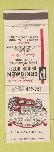 Matchbook Cover - Perkiomen Bridge Hotel Collegeville PA | eBay