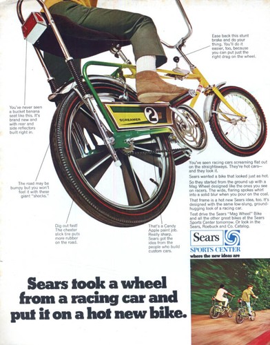 A wheel from a racing car - Sears Screamer 2 bicycle ad 1969 BL | eBay