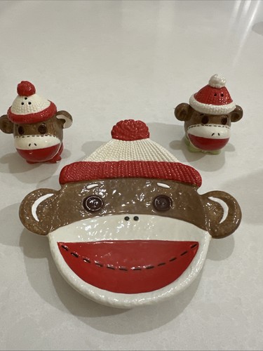 Small Sock Monkey plate dish spoon rest with salt and pepper shakers | eBay