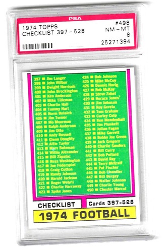 1974 Topps Football Checklist 397-528 #498 Graded PSA 8 pop 26 & 12 hi ...