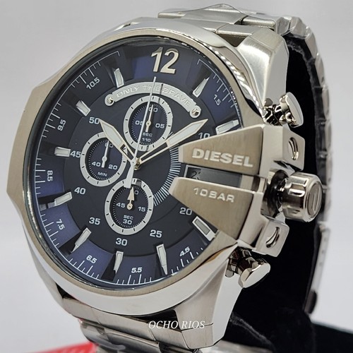 DIESEL MEGA CHIEF MEN'S WATCH SILVER TONE STAINLESS CHRONOGRAPH BLUE ...