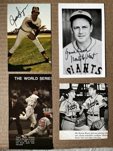 Lot 4 signed photos HOF Eddie Mathews, Warren Spahn, Rollie Fingers ...