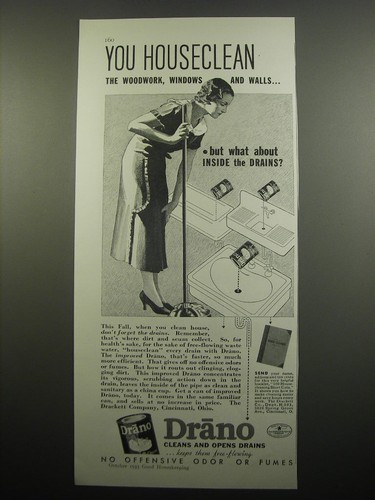 1933 Drano Drain Cleaner Ad - You houseclean the woodwork, windows and ...