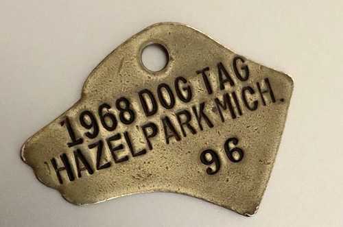 Vtg 1968 Dog License Brass Tag: HAZEL PARK MI; (Detroit Area); Dog Head ...