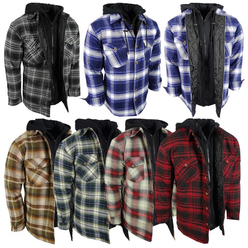 Plaid Flannel Hoodie Jacket Men Full Quilted Shirt Zip-Up Warmer 4 ...
