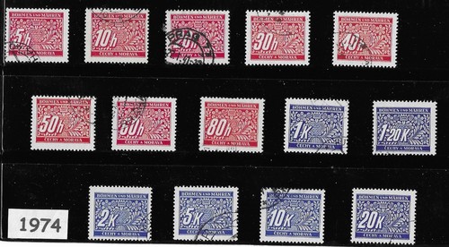 Complete stamp set J1-14 / B a M WWII Germany Occupation Postage due ...