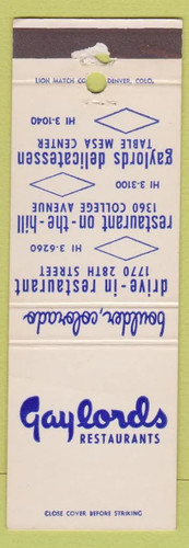 Matchbook Cover - Gaylords Restaurant sBoulder Colorado WEAR | eBay