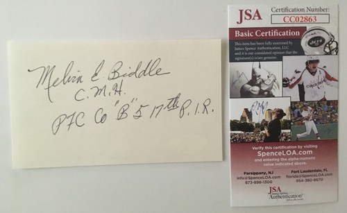 Melvin Biddle Signed Autographed 3x5 Card JSA Certified Medal of Honor ...