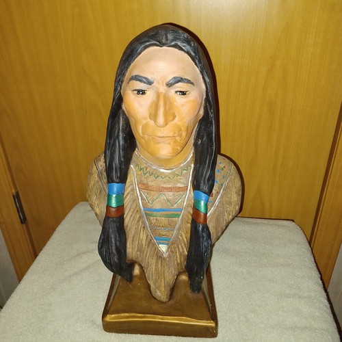 NATIVE AMERICAN INDIAN CHIEF BUST STATUE CERAMIC VINTAGE HAND PAINTED ...