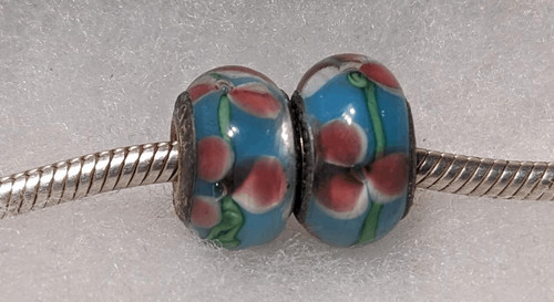 NEW Set of 2 Pandora Light Blue Murano Glass Charm with Pink Flowers | eBay