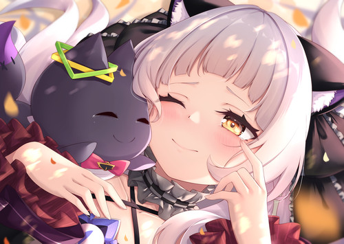 Anime girls one eye closed blushing creature petals Playmat Game Mat ...