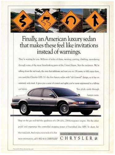 1994 Chrysler Print Ad, LHS American Luxury Sedan 80's Road Signs Curve ...