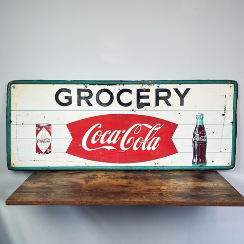 VTG Coca Cola Metal Enamel Sign Bottle & 12 oz Can Fishtail Coke 59”x ...