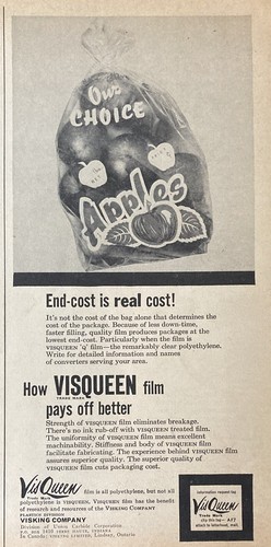 1957 AD.(XF19)~VISKING CO. UNION CARBIDE CO. VISQUEEN APPLE POLY BAGS ...