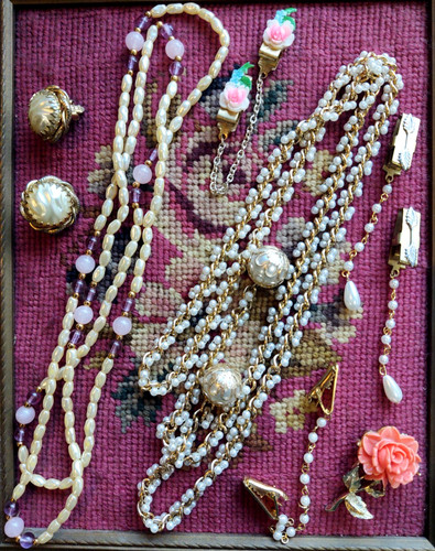 Vintage Faux Pearl Jewelry Lot Brooch Earring Necklace Sweater Clip ...