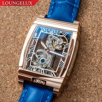 Mens Dual Time Flywheel Automatic Mechanical Watch Rose Gold Blue ...