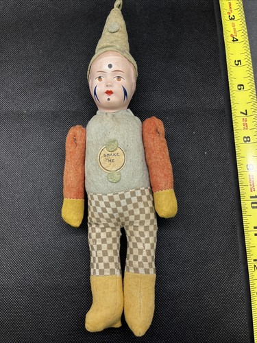 Antique Celluloid? Head Jester Clown Rattle Doll cloth felt straw body ...