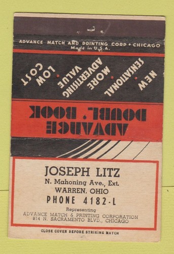 Matchbook Cover - Joseph Litz Advance Match Books Chicago IL 40 Strike ...