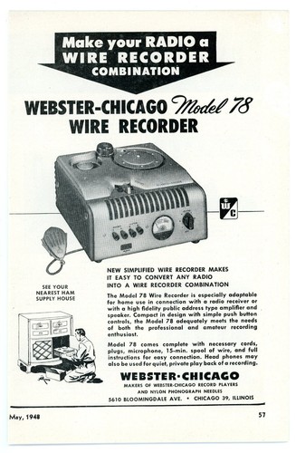 CQ Ham Radio Magazine Ad WEBSTER-CHICAGO Model 78 WIRE RECORDER (5/48 ...