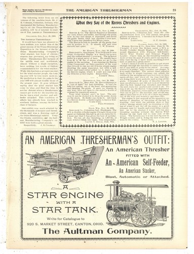 1898 2 Ads on 1 Page: Aultman Star Engine of Canton, OhiO. Reeves ...