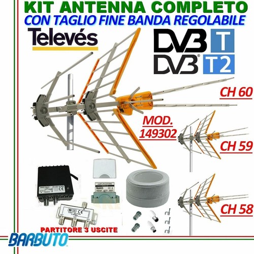 KIT ANTENNA DIGITALE TERRESTRE COMPLETO FULLBAND PER 3 PUNTI TV TELEVES ...