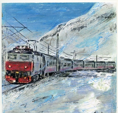8" Pastel Railroad Electric Locomotive Train Snow Mountainscape Drawing ...