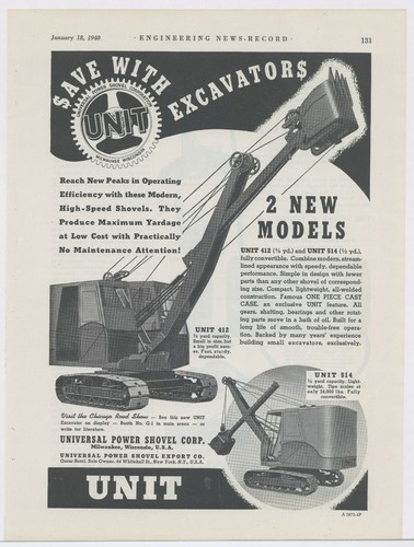 1940 Universal Power Shovel Co. Advertisement: Unit Shovels, Excavators ...