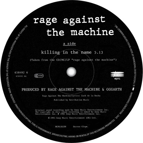 Rage Against The Machine. Repro record label sticker. Killing In The ...