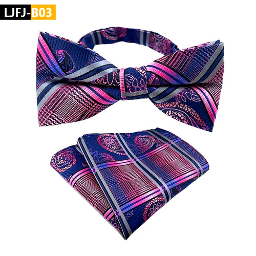 Mens Pre-Tied adjustable Bow Tie Striped Purple Blue Bowtie Hanky ...
