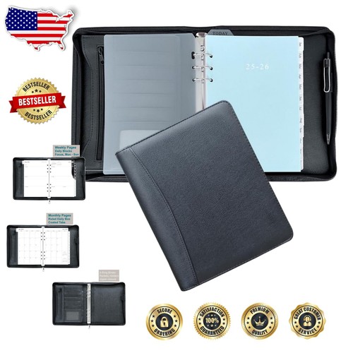 Stylish A5 Zippered Planner with Weekly Inserts - 2025-2026 Black ...