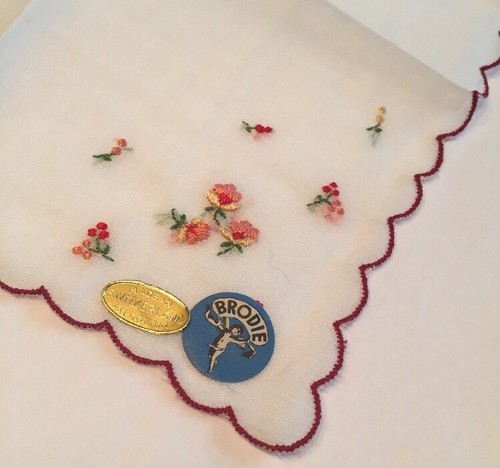 Vtg 60s Swiss Cotton Hanky Handkerchief Brodie Sticker Embroidery Roses ...