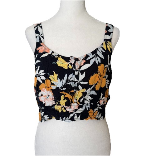 Roxy Womens XL Crop Top Blouse Black Floral Print Tank Smocked Button ...