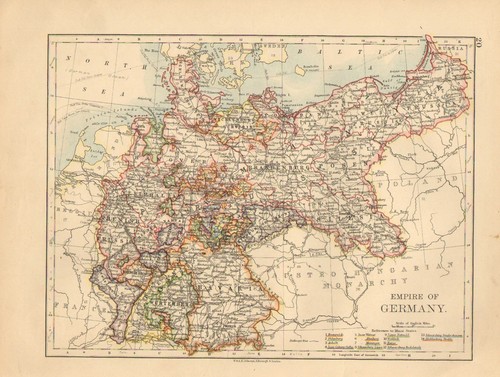 1892 VICTORIAN MAP ~ EMPIRE OF GERMANY ~ BAVARIA WURTEMBERG BRUNSWICK ...