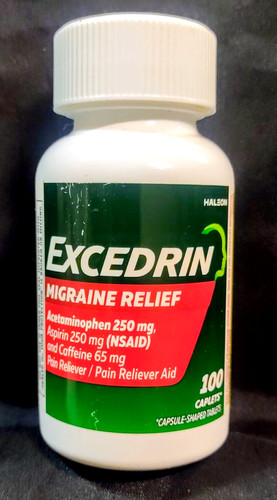 EXCEDRIN..MIGRAINE..250mg ACETAMINOPHEN,250mgASPIRIN,65mg CAFFEINE.100 ...