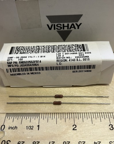 Lot of 100 pcs VISHAY Metal Film Resistors RN55D2553FB14 1/8watt ...