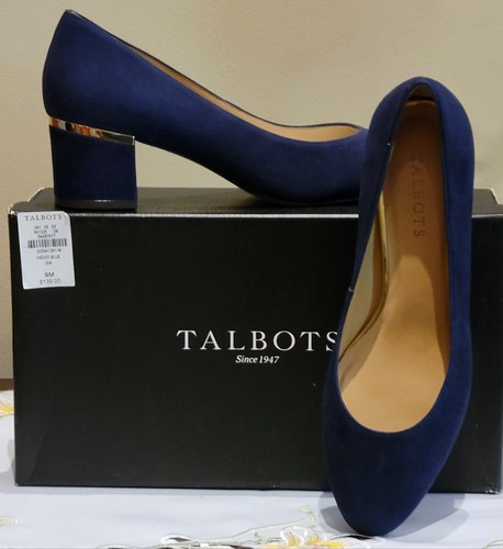 TALBOTS INDIGO BLUE 9M GOLD TRIM BLOCK HEEL SUEDE PUMPS | eBay
