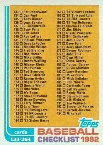 1982 Topps Baseball Checklist #226 Checklist 133-264 - UNMARKED | eBay