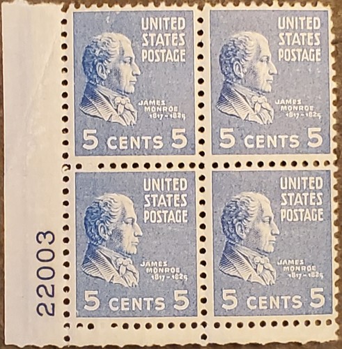 1938 US Stamp 5 cent/5c Scott #810 James Monroe, Plate # 22003 (x4) MNH ...