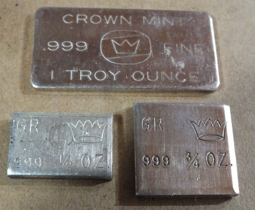 1977 - (CROWN MINT) silver bars 0.999 - (1 oz, 3/4 oz, 1/2 oz) Vintage ...