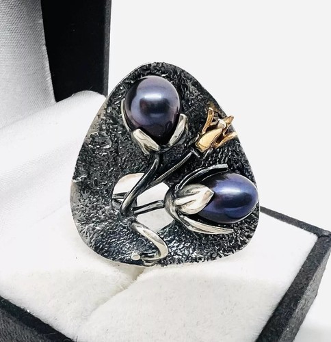 Large Sterling Silver & Black Pearl Jacaranda Tree Ring 10.7gm Sz 8.5 ...