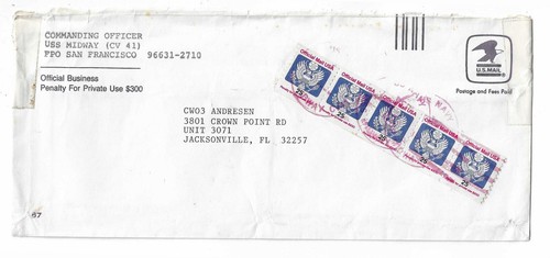USA 25c official mail coil strip of 5 on FPO cover from the USS Midway ...