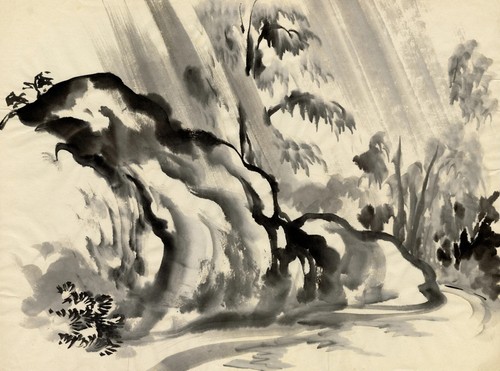 Chiura Obata - Rock, Trees and Stream in Rain (1930s) - 17" x 22" Fine ...