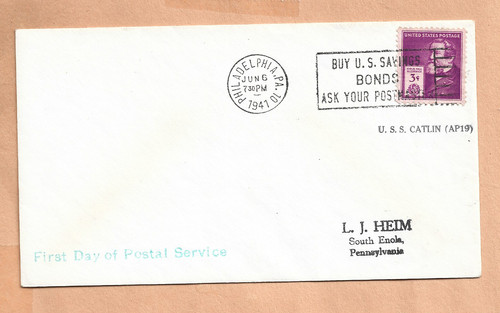 U.S.S CATLIN JUN 6,1941 PHILA PA FIRST DAY POSTAL SERVICE NAVAL COVER ...