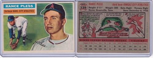 1956 Topps Baseball Card # 339 Rance Pless Kanas City Athletics 3rd ...