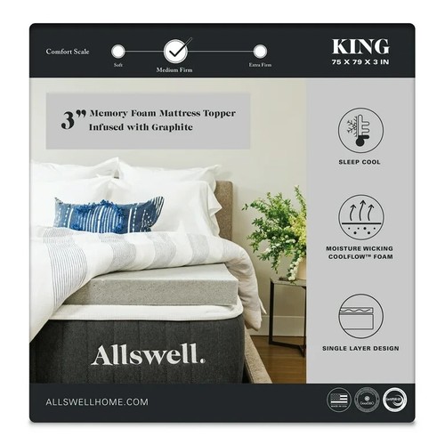 Allswell 3"Sleep Cool Memory Foam Mattress Topper Infused with Graphite ...