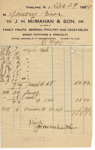 1914 J. H. McMahan & Son Fancy Fruits & Poultry Invoice Letterhead ...