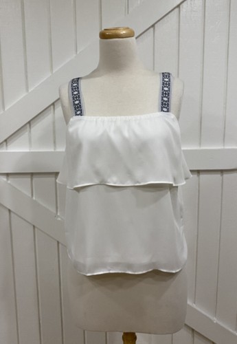 J Crew 4 White Navy Embroidered Tank Top Tiered Layer Blouse Wide Strap ...